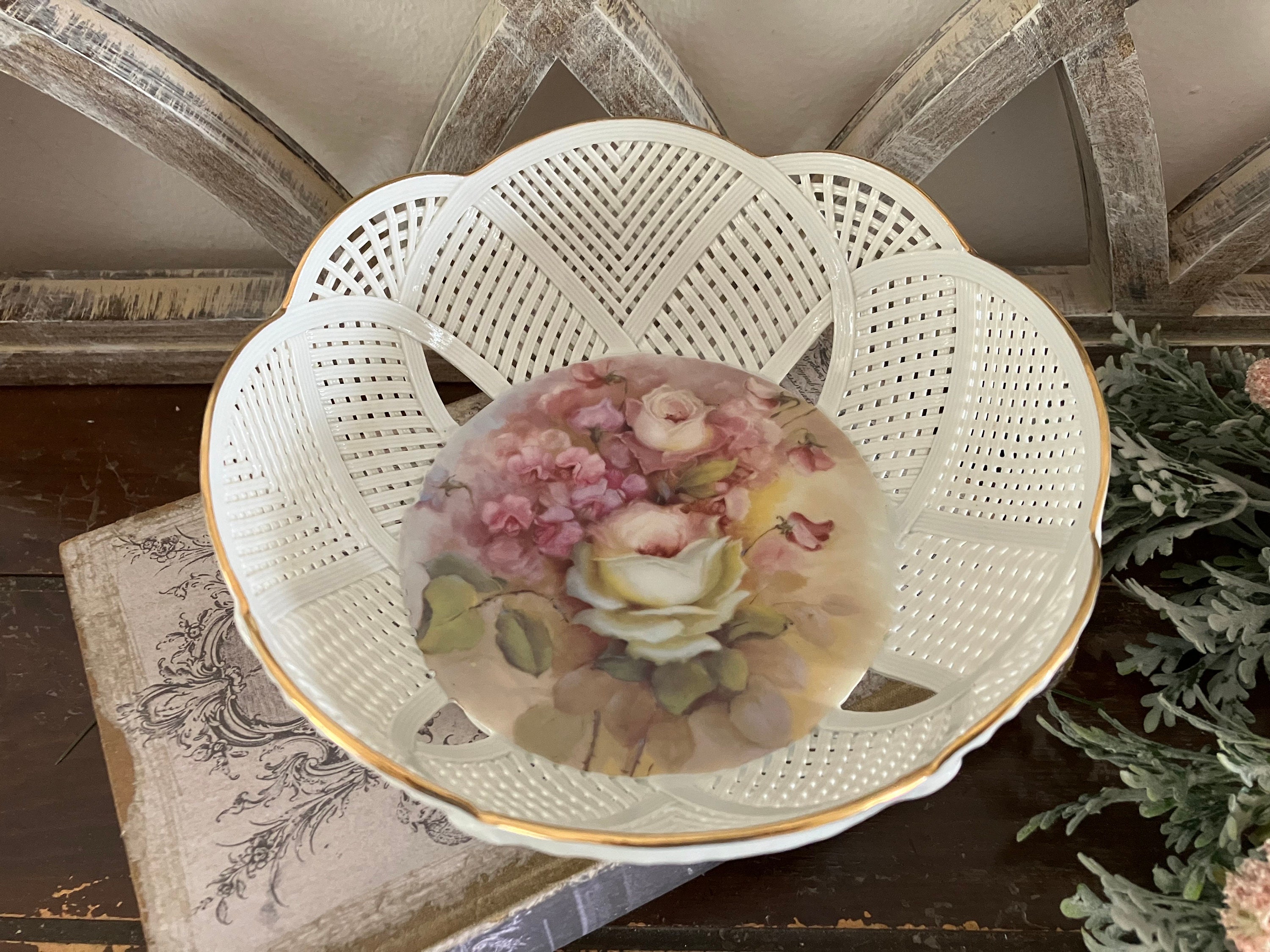 Vintage Apulum Lucru Manuel Porcelain Hand Painted Floral Reticulated ...