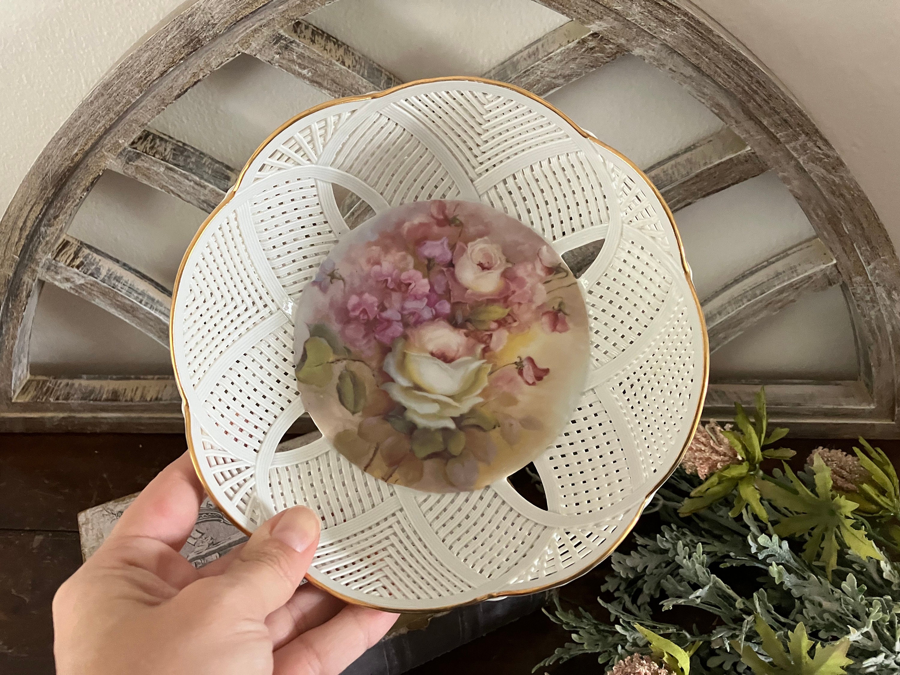 Vintage Apulum Lucru Manuel Porcelain Hand Painted Floral Reticulated ...