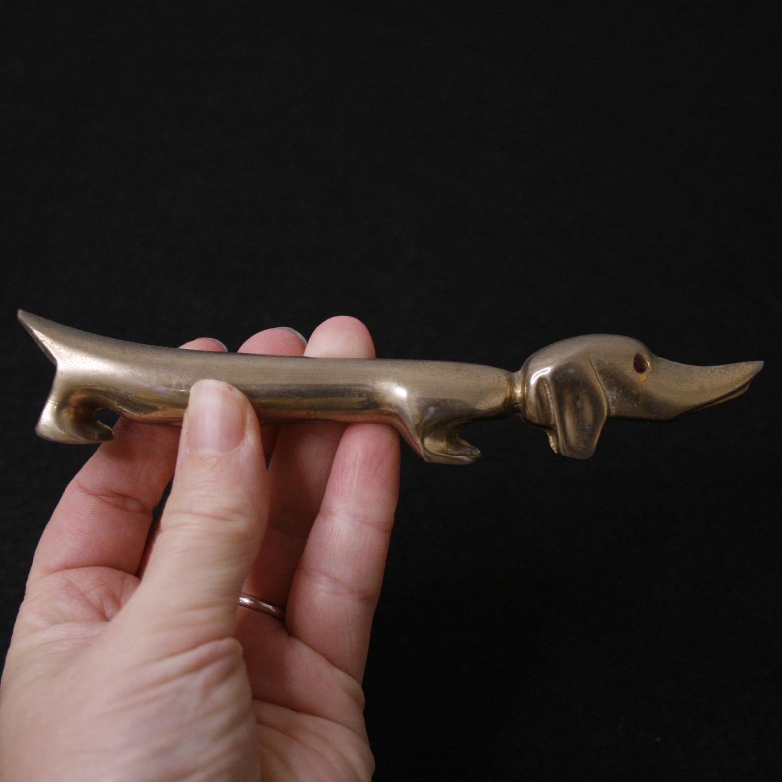 Vintage Brass Dachshund Dog Paperweight With Red Eyes Sausage Dog ...