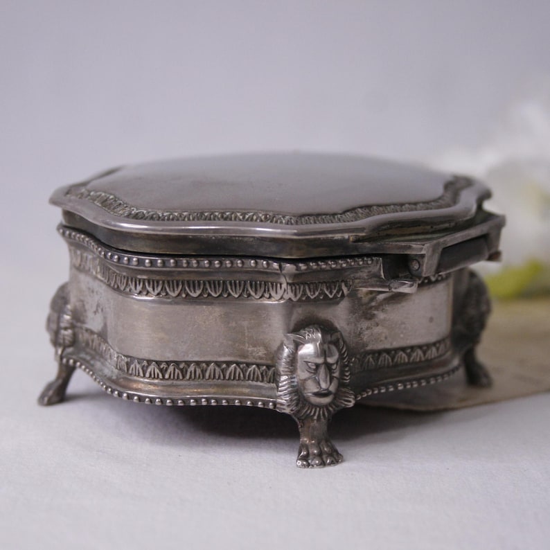 Vintage Lion Footed Jewelry Box Silver Tone Trinket Box With Red Velvet ...