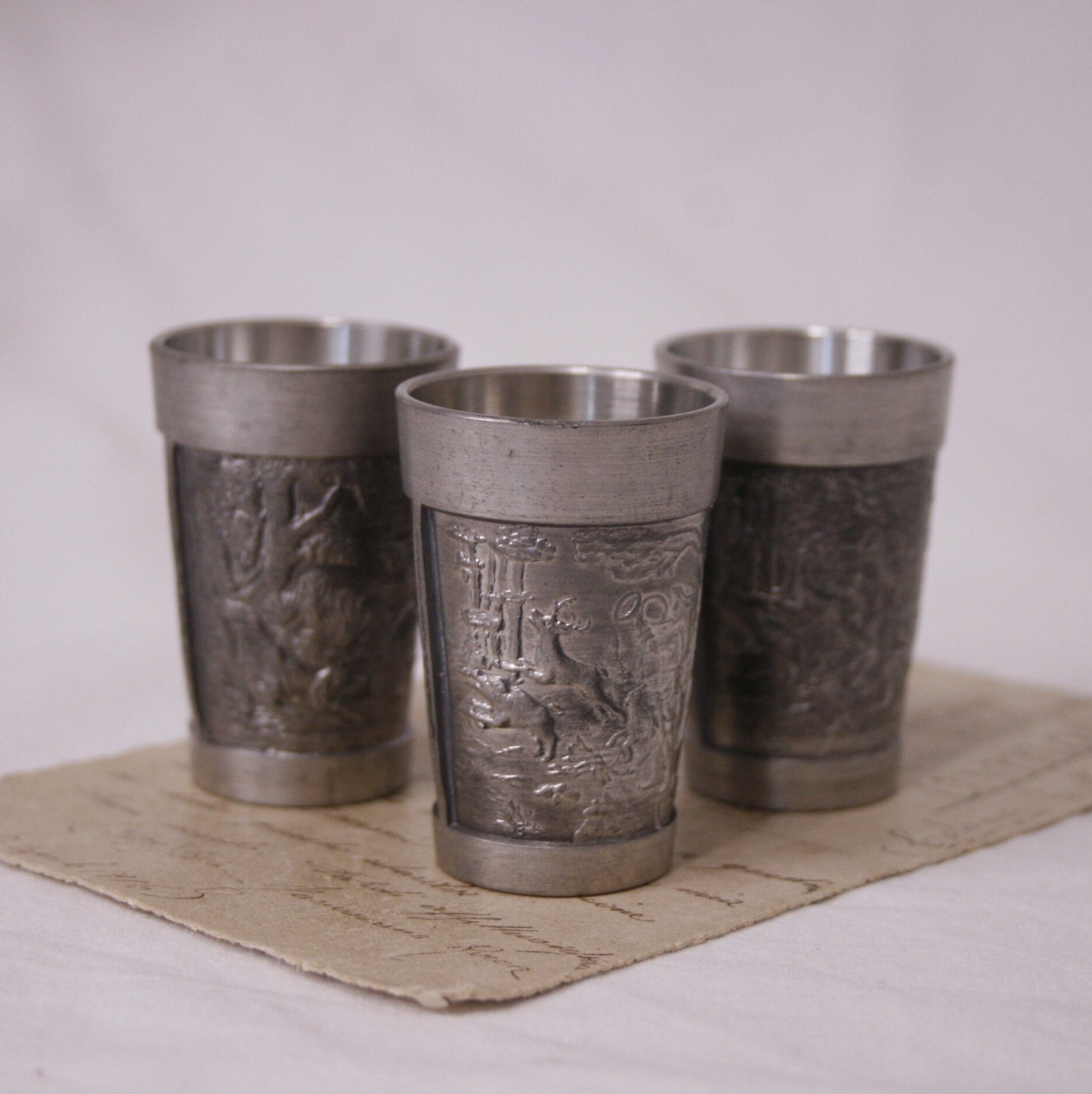 Set of 3 Zinn Vintage Pewter Cups German Shot Glasses With Hunting ...