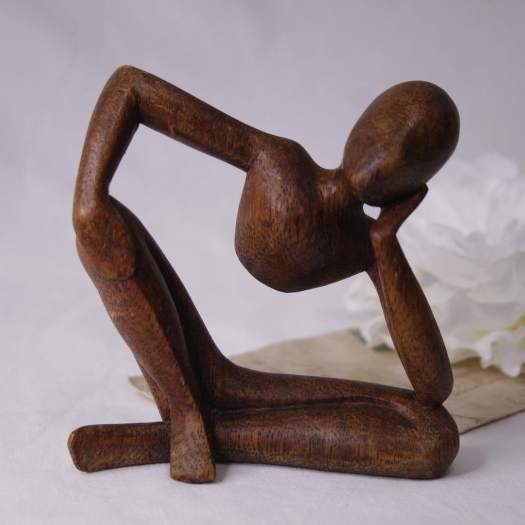 Vintage Wooden Abstract Thinking Man Figurine Hand Crafted Wood Thinker ...