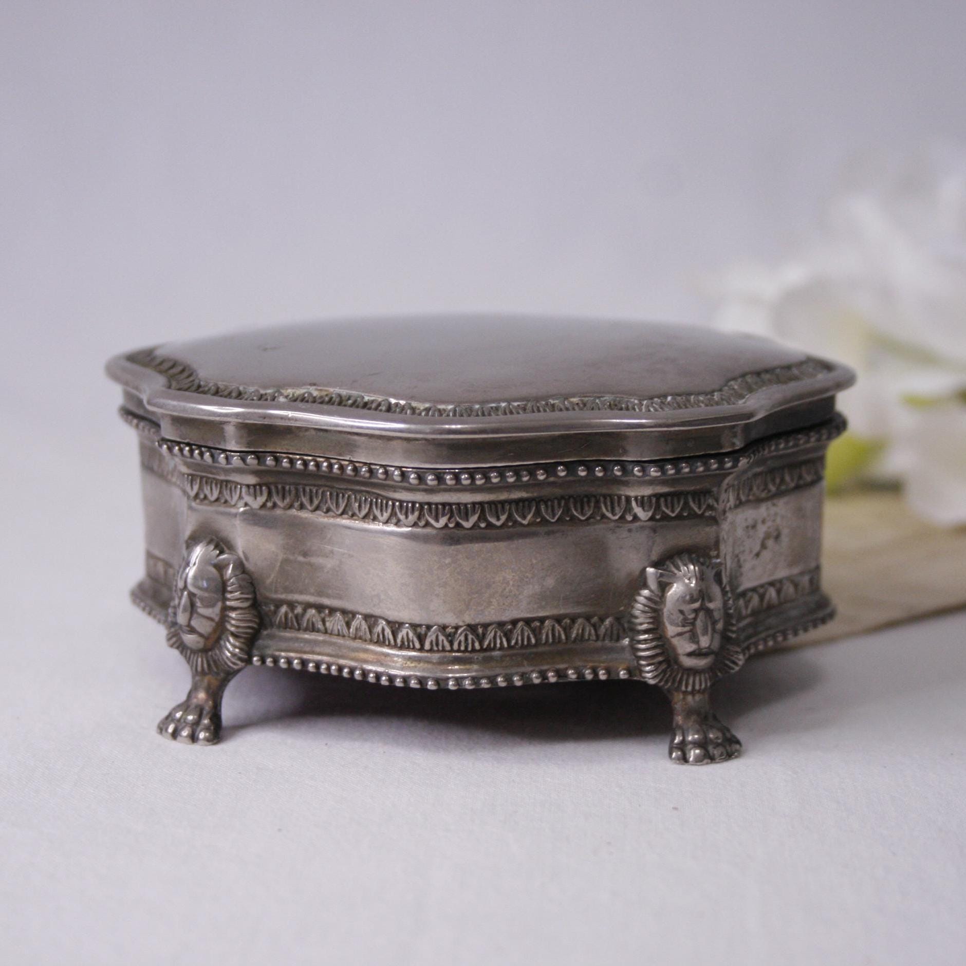 Vintage Lion Footed Jewelry Box Silver Tone Trinket Box With Red Velvet ...