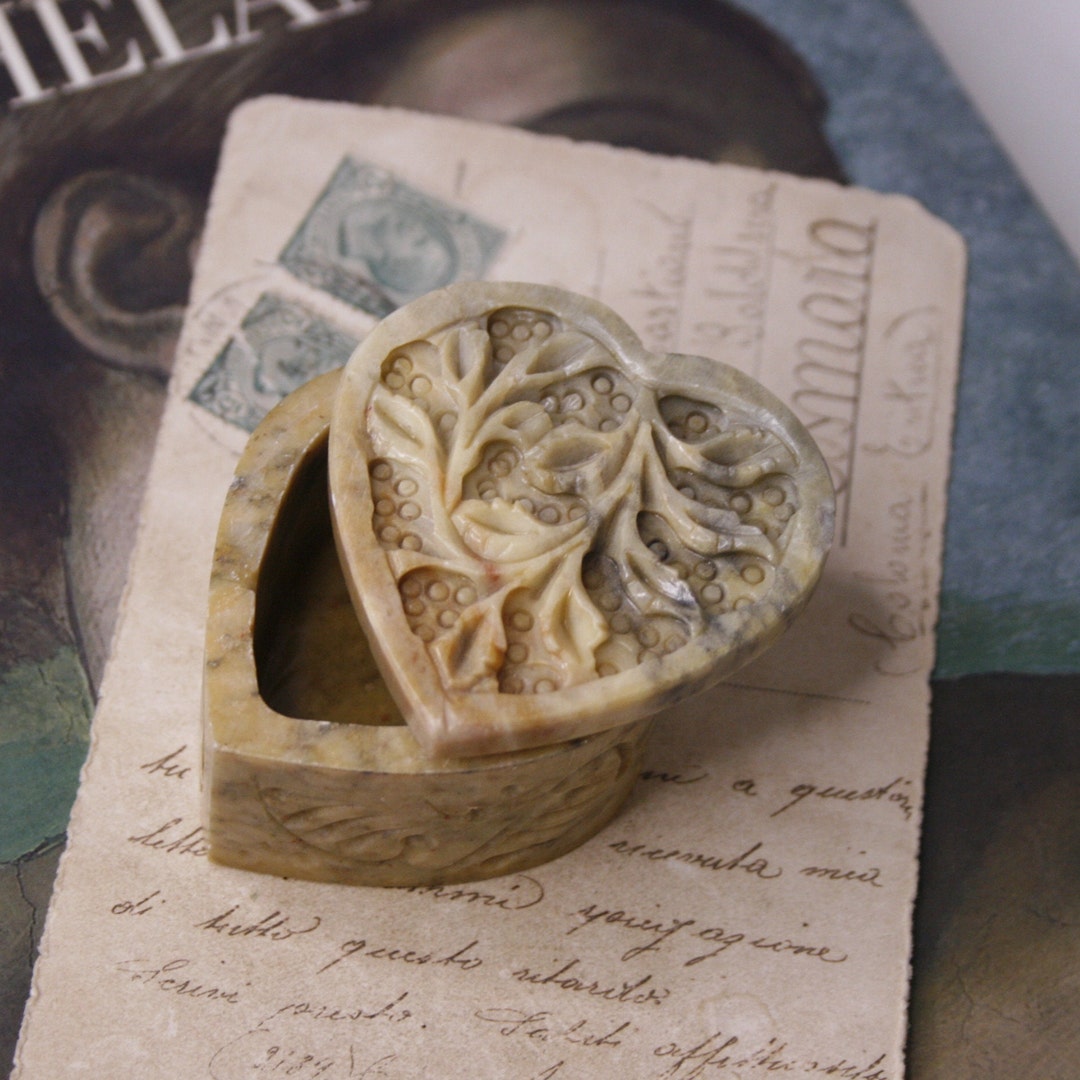 Vintage Soapstone Heart Jewelry Box With Floral Decor Small Hand Carved ...