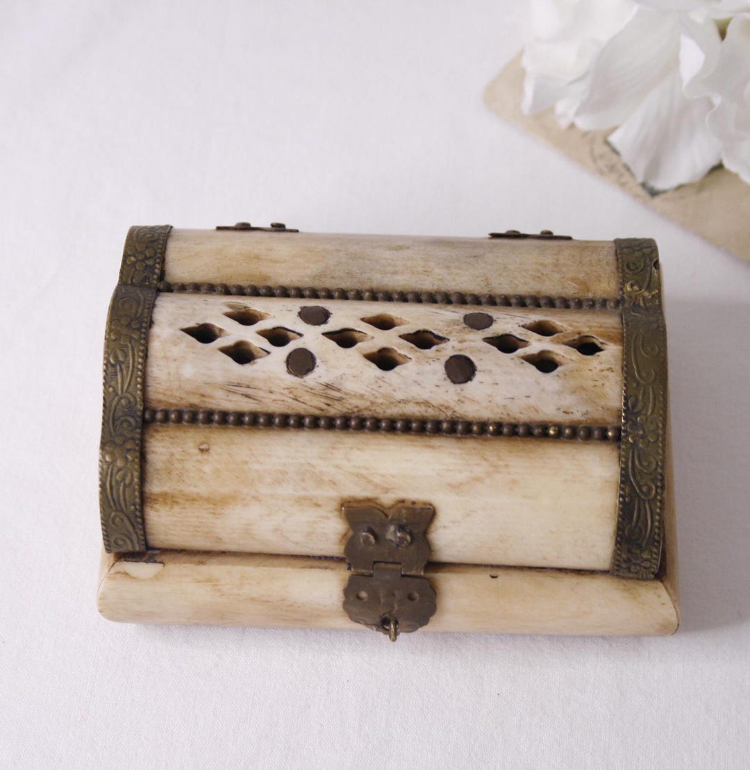 Vintage Bone and Brass Jewelry Box With Purple-colored Lining Small ...
