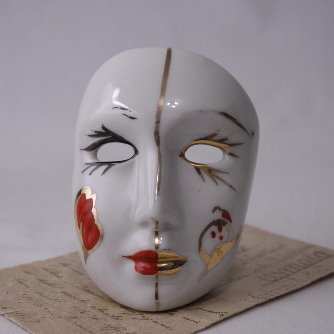 Vintage Woman Face Mask Figurine White Porcelain Mask With Gold and Red ...