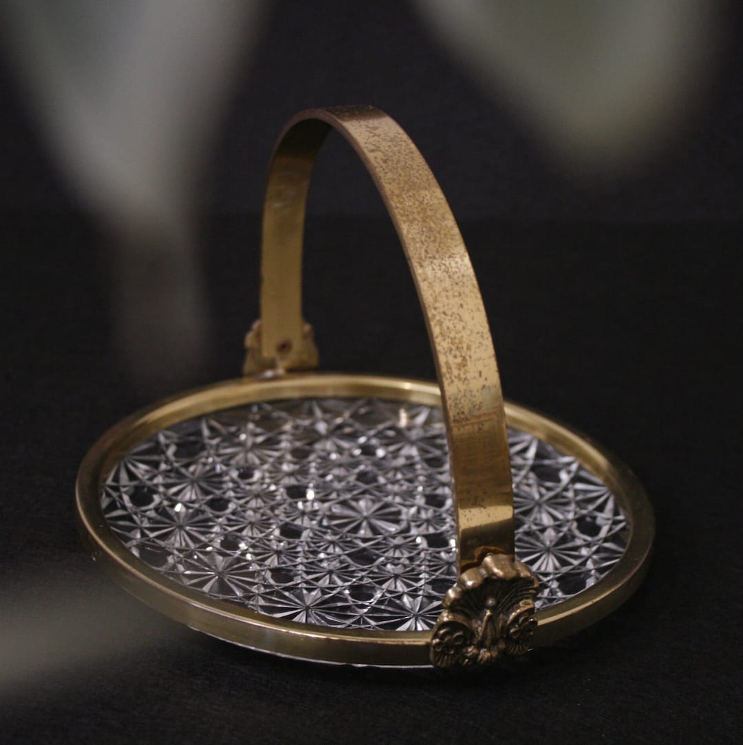 Heavy Crystal Candy Dish With Brass Handle Pressed Glass Round Bowl ...