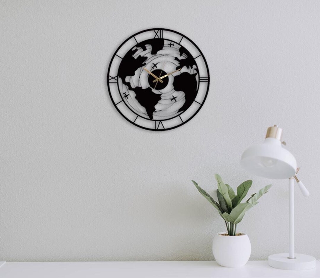 El Mundo Metal Wall Clock, World Map & Aircraft Figure Wall Clock ...