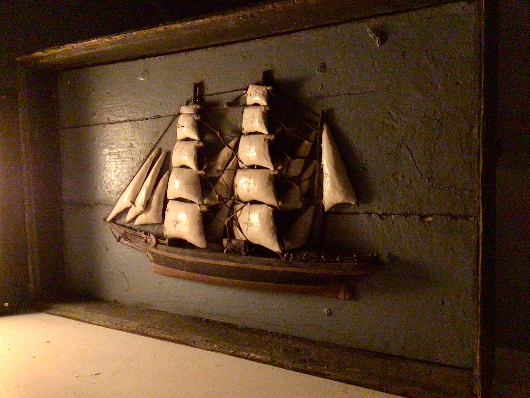 Rare 1800s Clipper Ship Diorama, Primitive, Folk Art, Framed, Sails ...