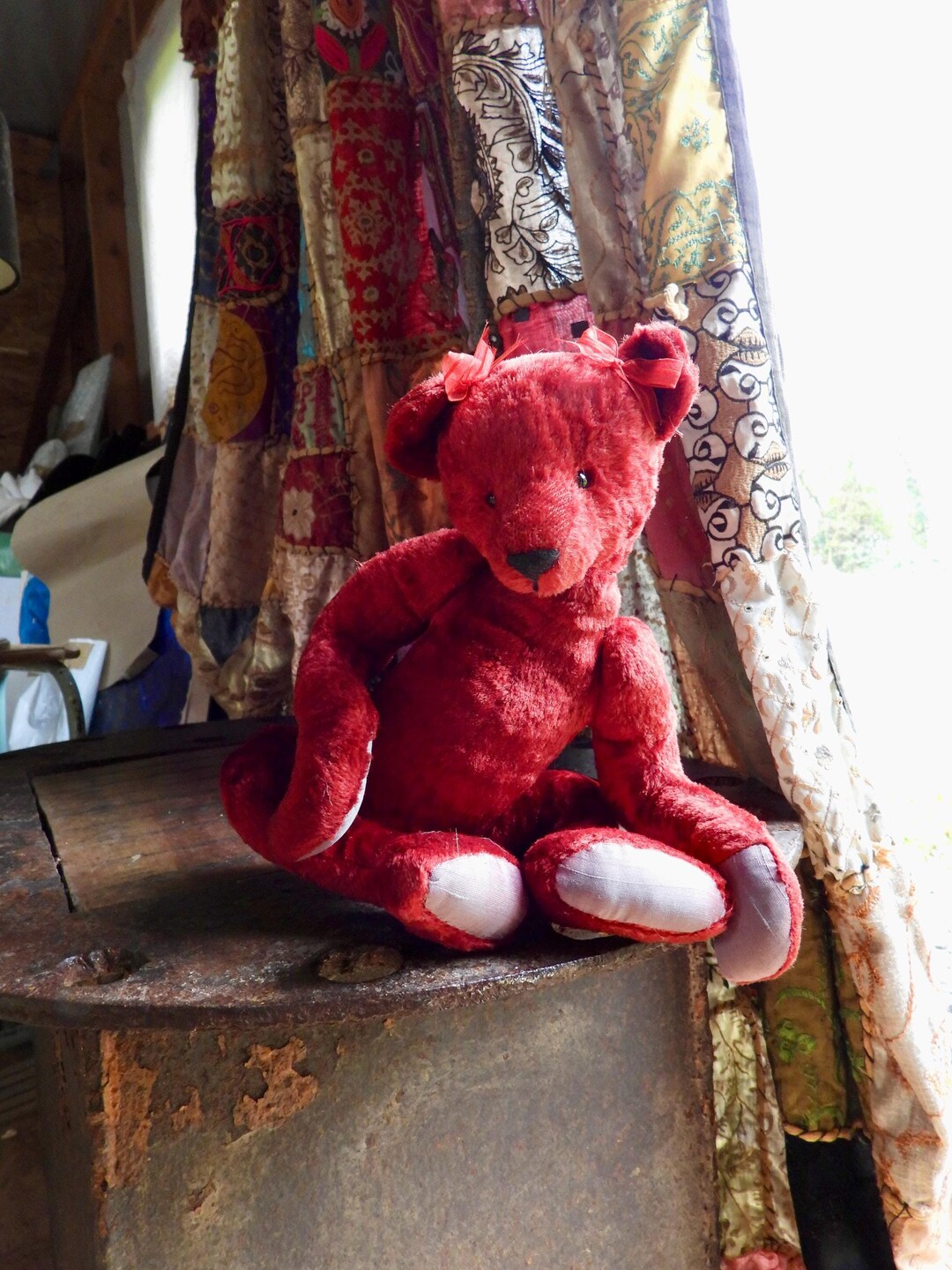 Handmade Red Velvet and Silk Teddy Bear, Traditional Wood Wool Stuffing ...
