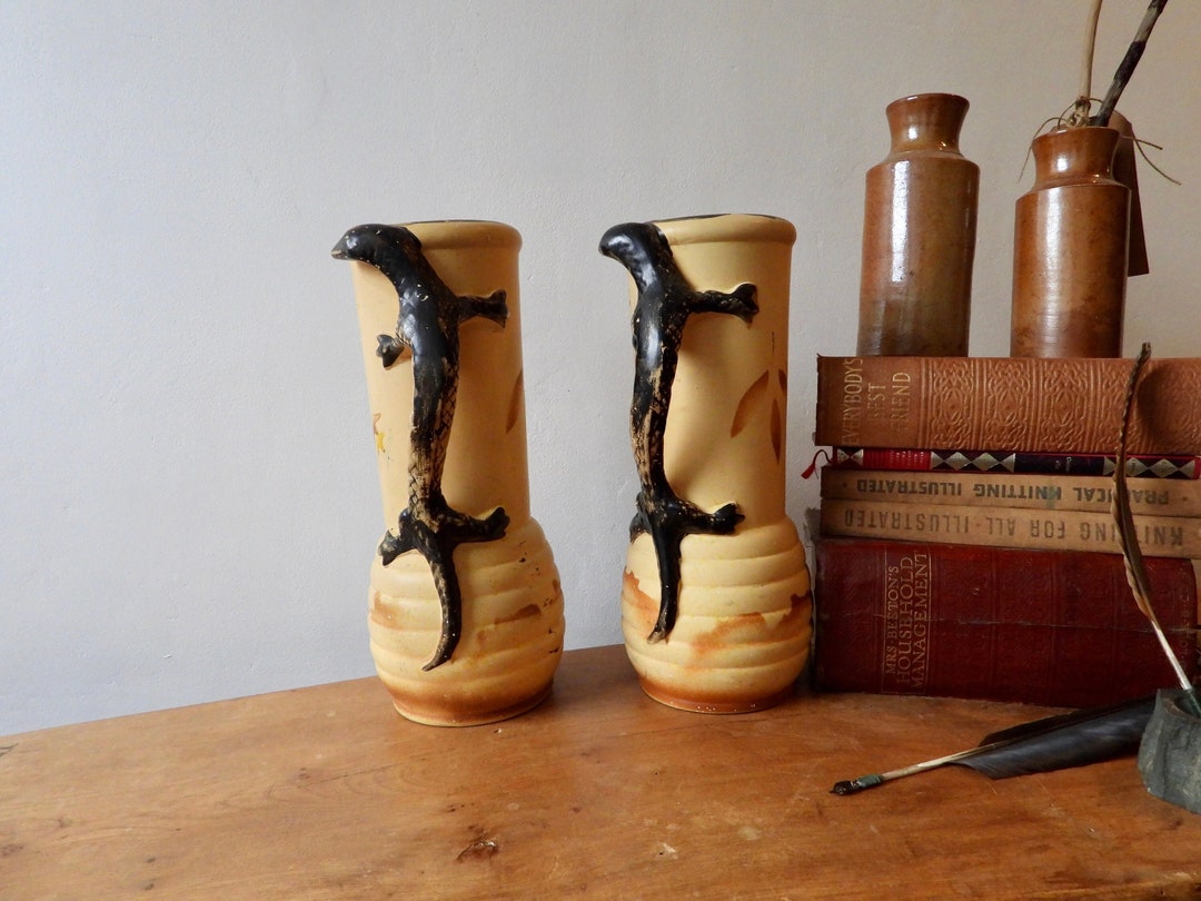 1930s Art Deco,pair of Lizard Handles Vases, Made in England, Black and ...
