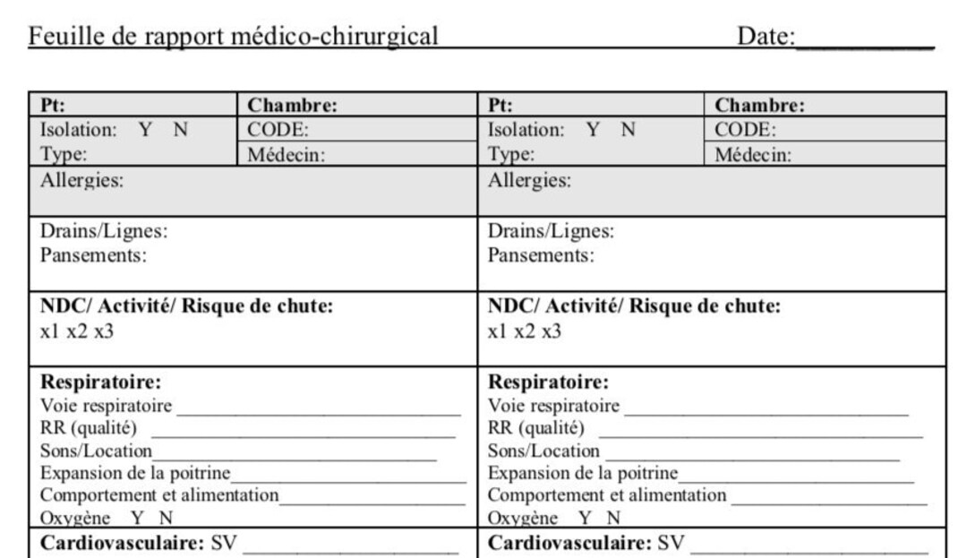 Medical-surgical Nursing Report Sheet (feuille De Rapport) - (french ...