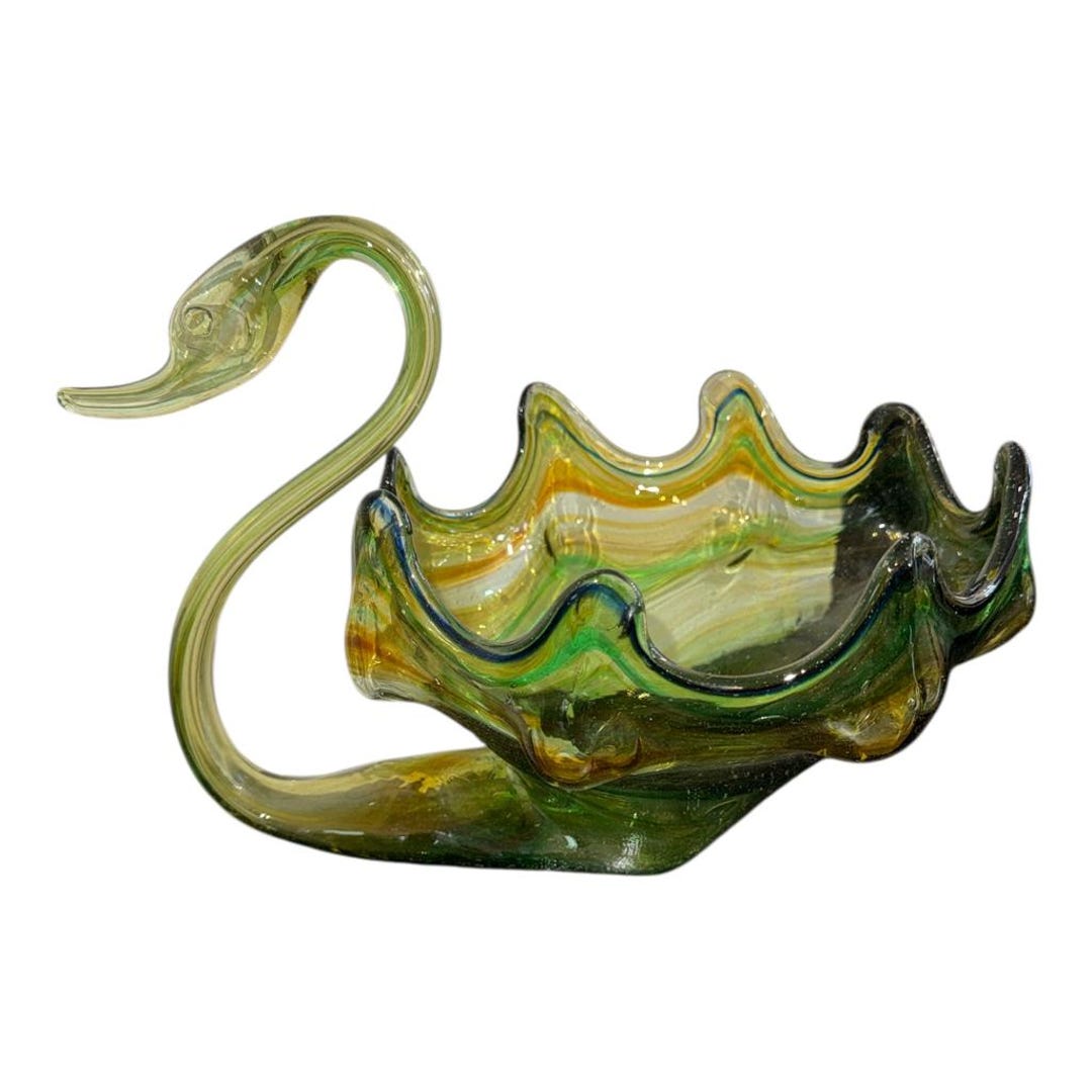 Vintage Large Green Swirl Hand Blown Art Glass Swan Dish - Etsy