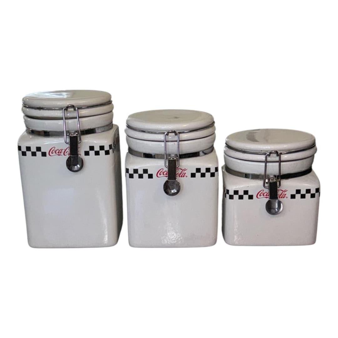 Coca-cola Ceramic Canister Set With Checkerboard Design, White, Set of ...