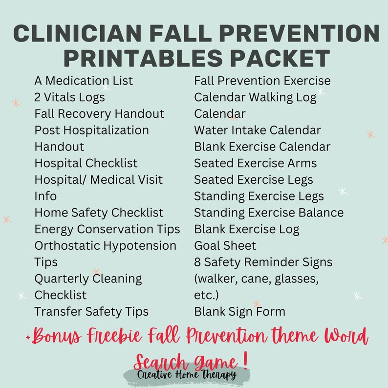 Senior Care Fall Prevention Packet Therapist Balance Home Safety ...