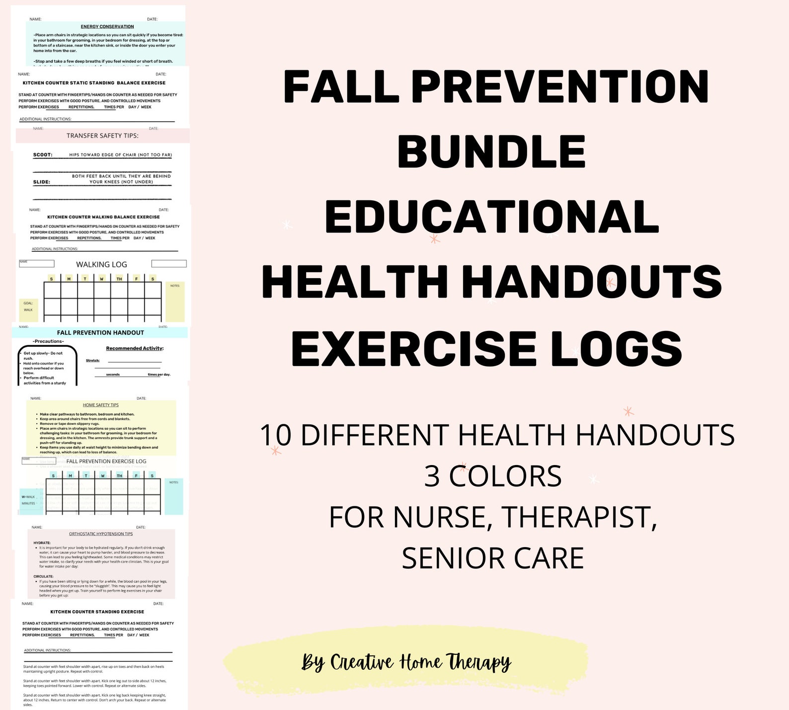 Fall Prevention Bundle Educational Health Handouts Therapist Nurse ...