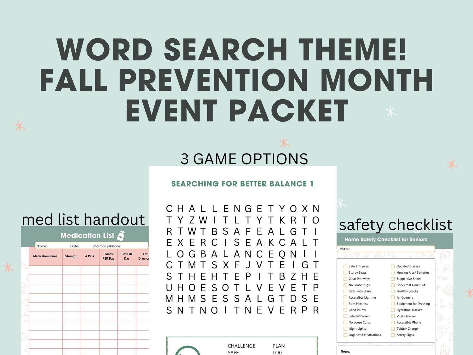 Fall Prevention Month Word Search Senior Care Talk and Game Packet With ...