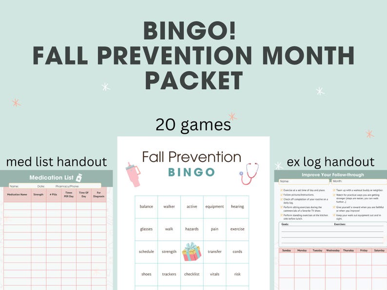 Fall Prevention Month Bingo Senior Care Talk and Game Packet With 2 ...