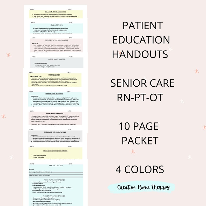 Senior Care Patient Handouts for Nurse, Physical Therapist ...