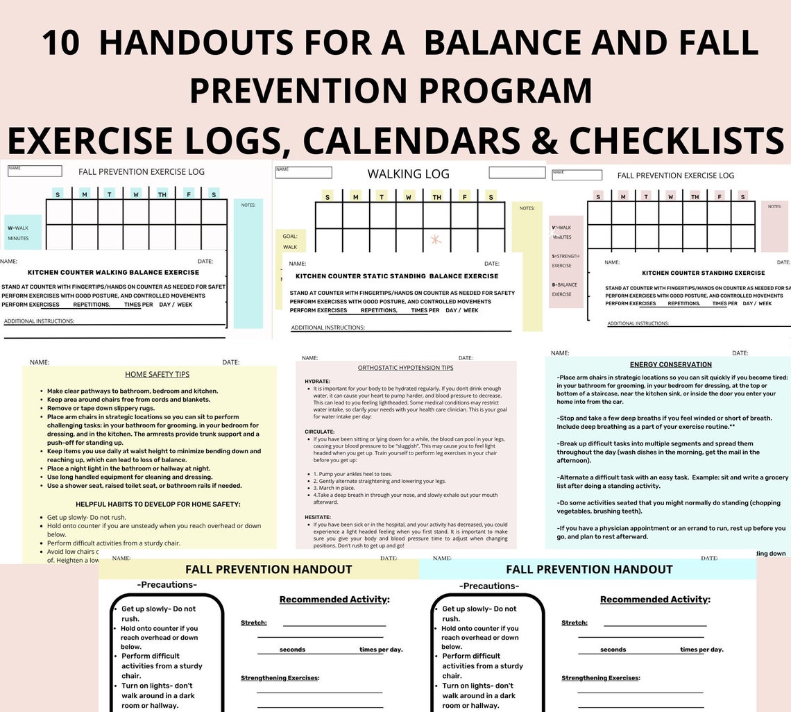 Fall Prevention Bundle Educational Health Handouts Therapist Nurse ...
