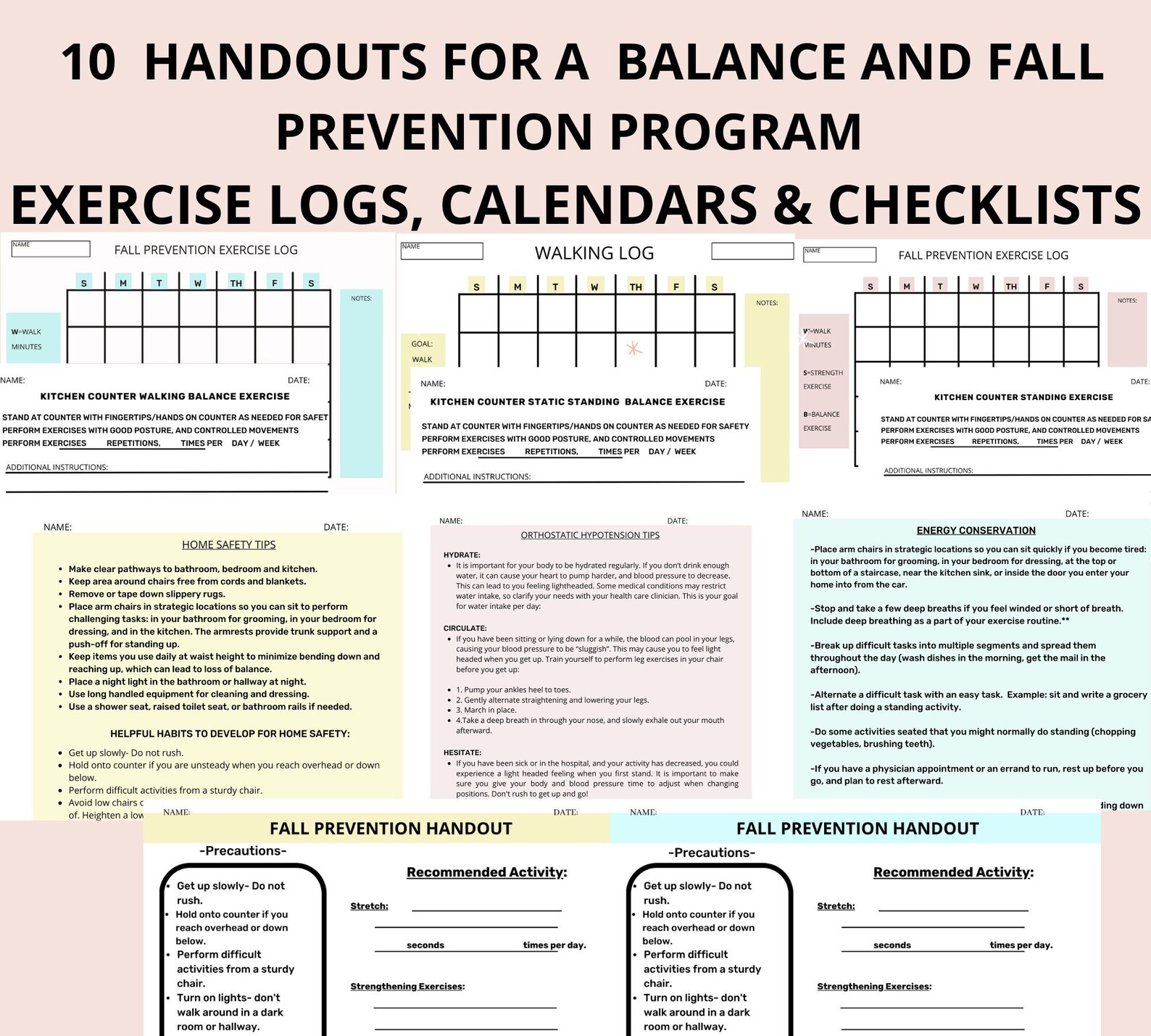 Fall Prevention Bundle Educational Health Handouts Therapist Nurse ...