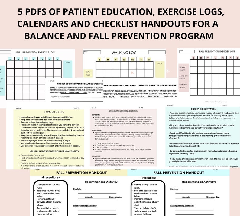 Fall Prevention Bundle Educational Health Handouts Therapist Nurse ...