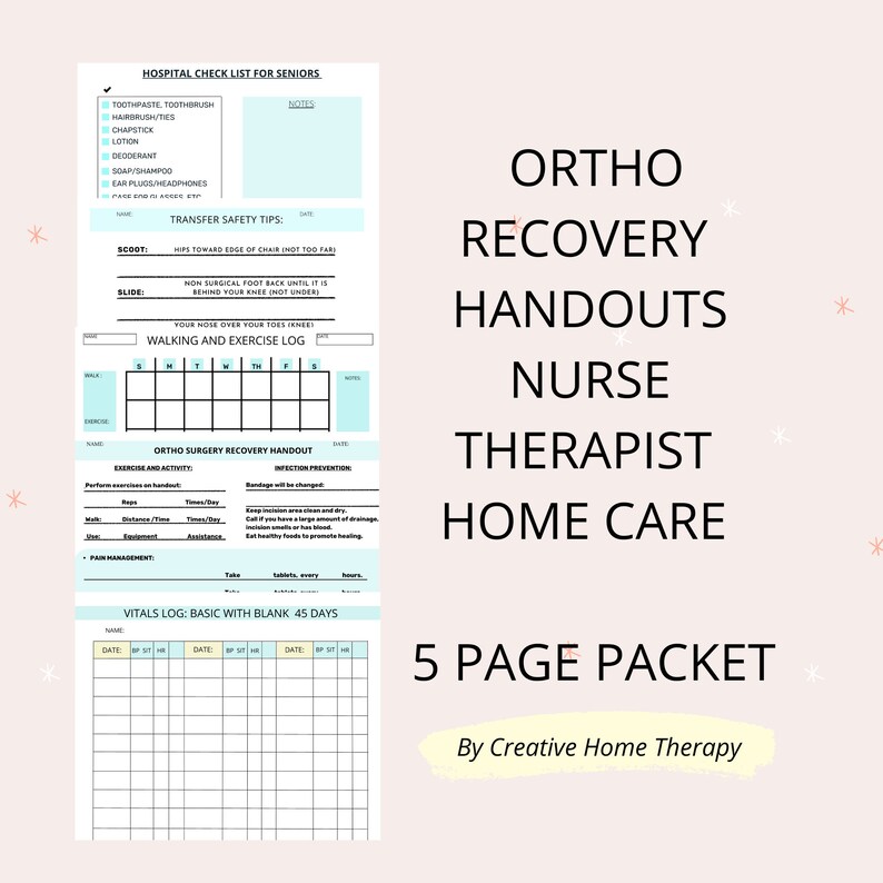 Orthopedic Surgery Recovery Health Packet for Home Care Nurse Therapist ...