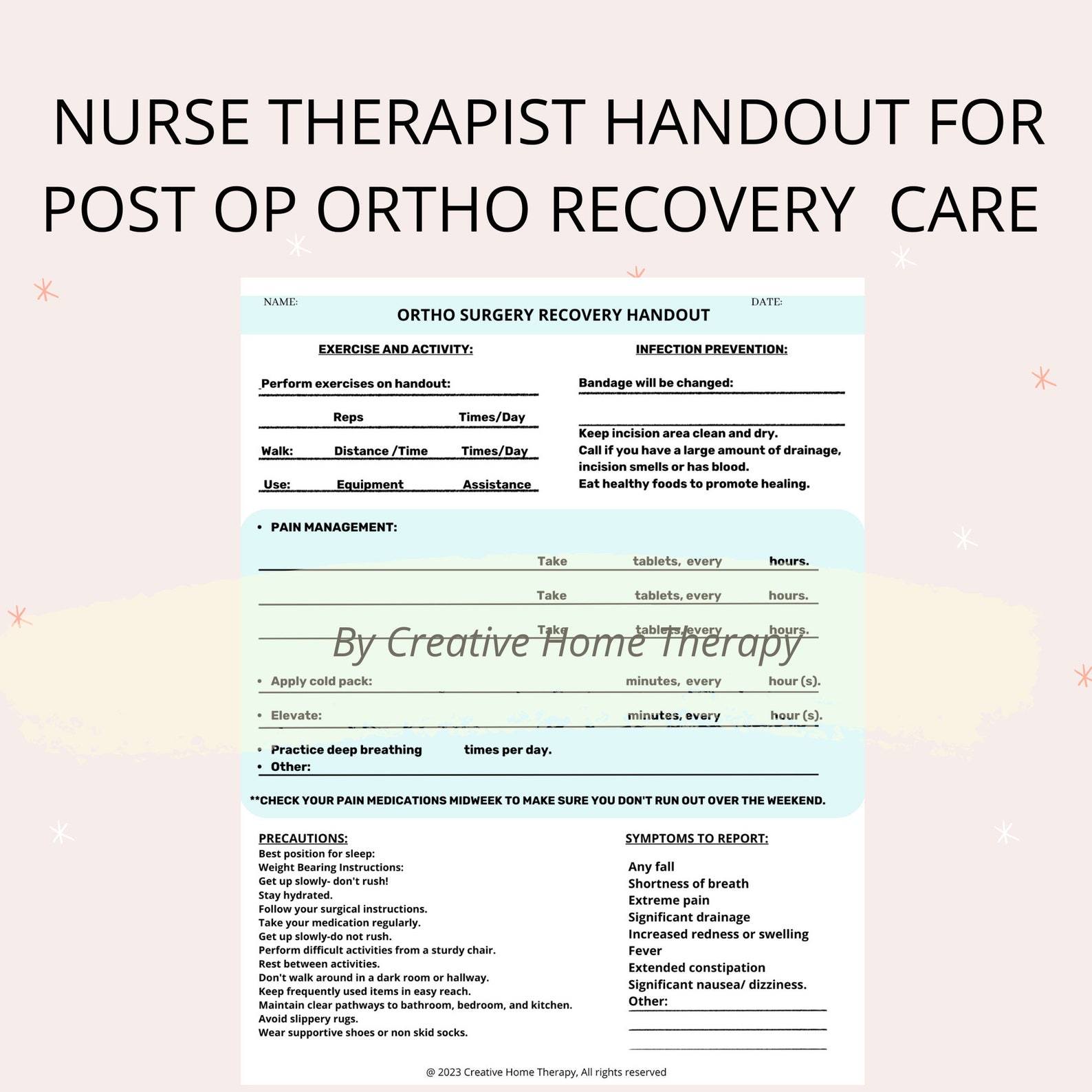 Orthopedic Surgery Recovery Health Packet for Home Care Nurse Therapist ...
