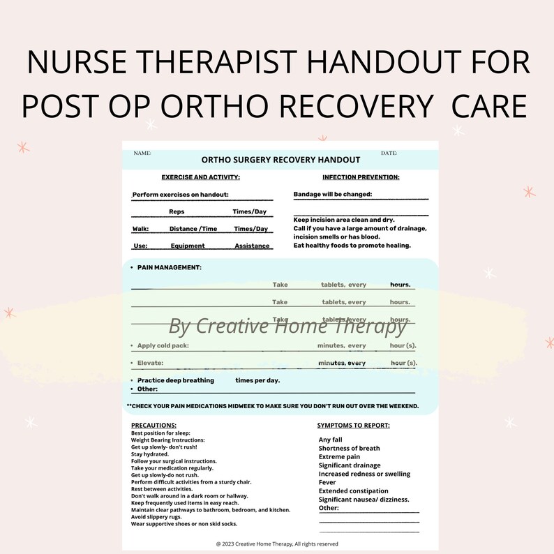 Orthopedic Surgery Recovery Health Packet for Home Care Nurse Therapist ...