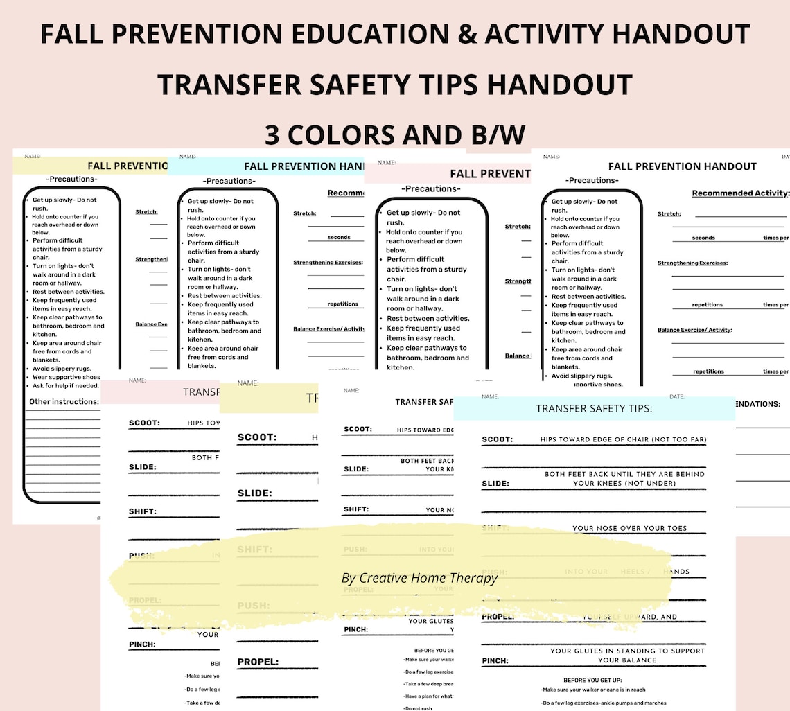 Fall Prevention Bundle Educational Health Handouts Therapist Nurse ...