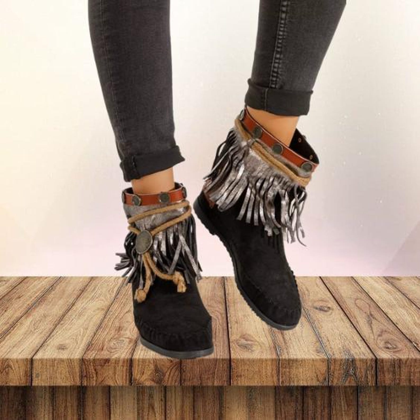 Boho Fringe Ankle Boots, Black Suede Indian Booties - Etsy