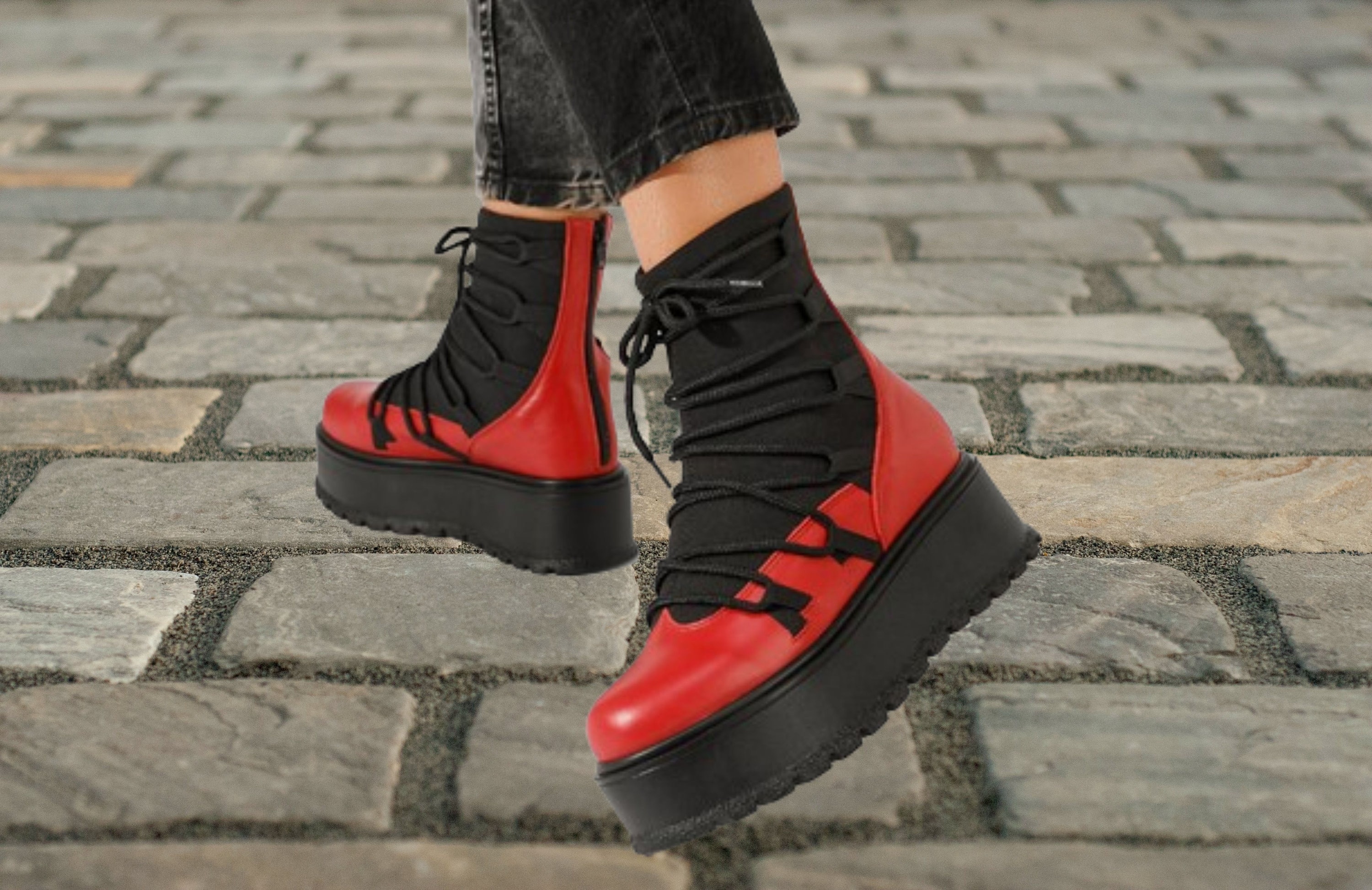 Leather Red Platform Booties With Cords Red Leather Booties Modern ...