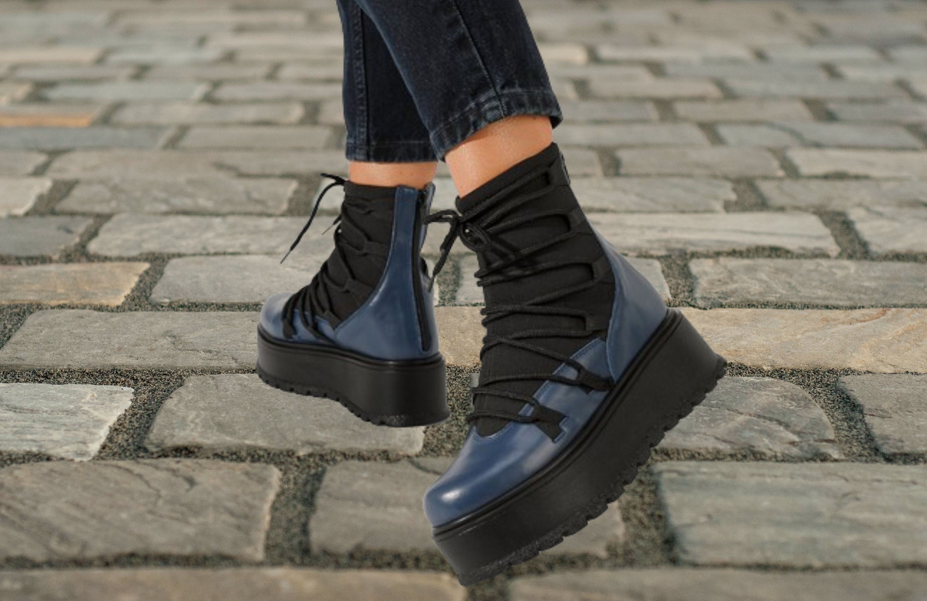 Leather Blue Platform Booties With Cords Blue Leather Booties Modern ...