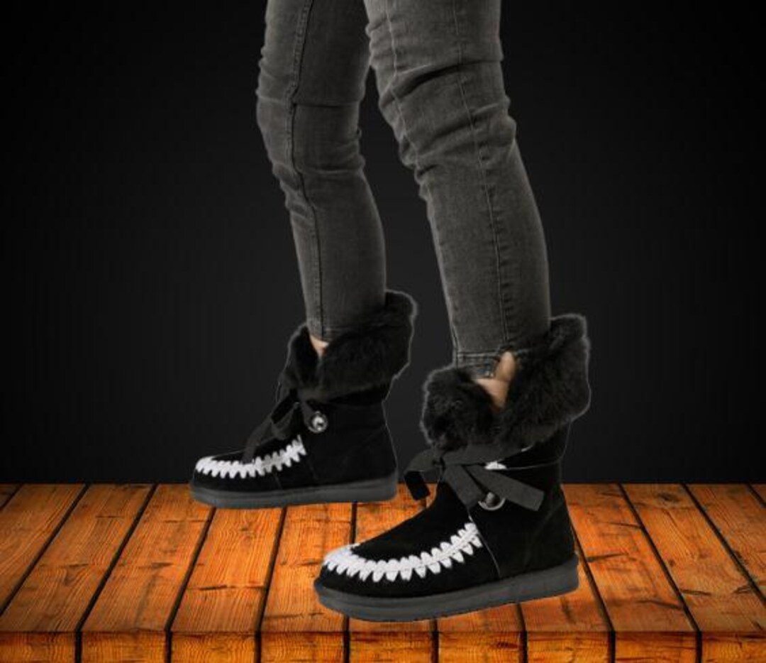 Black Suede Fur Ankle Boots, Boho Moccasin Booties - Etsy