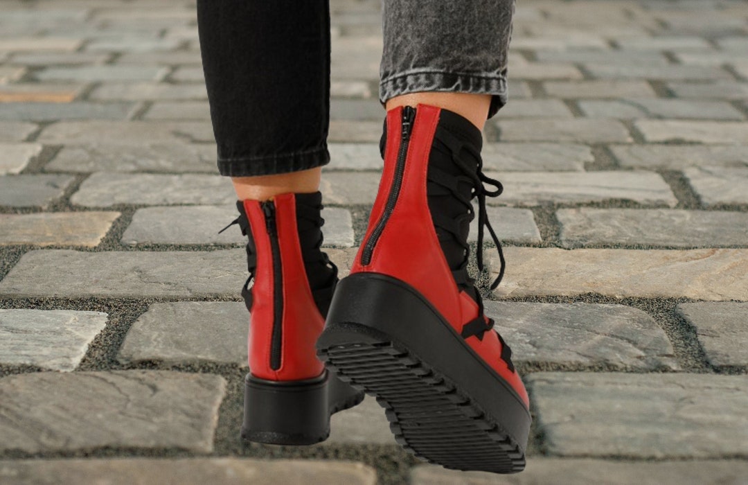 Leather Red Platform Booties With Cords Red Leather Booties Modern ...