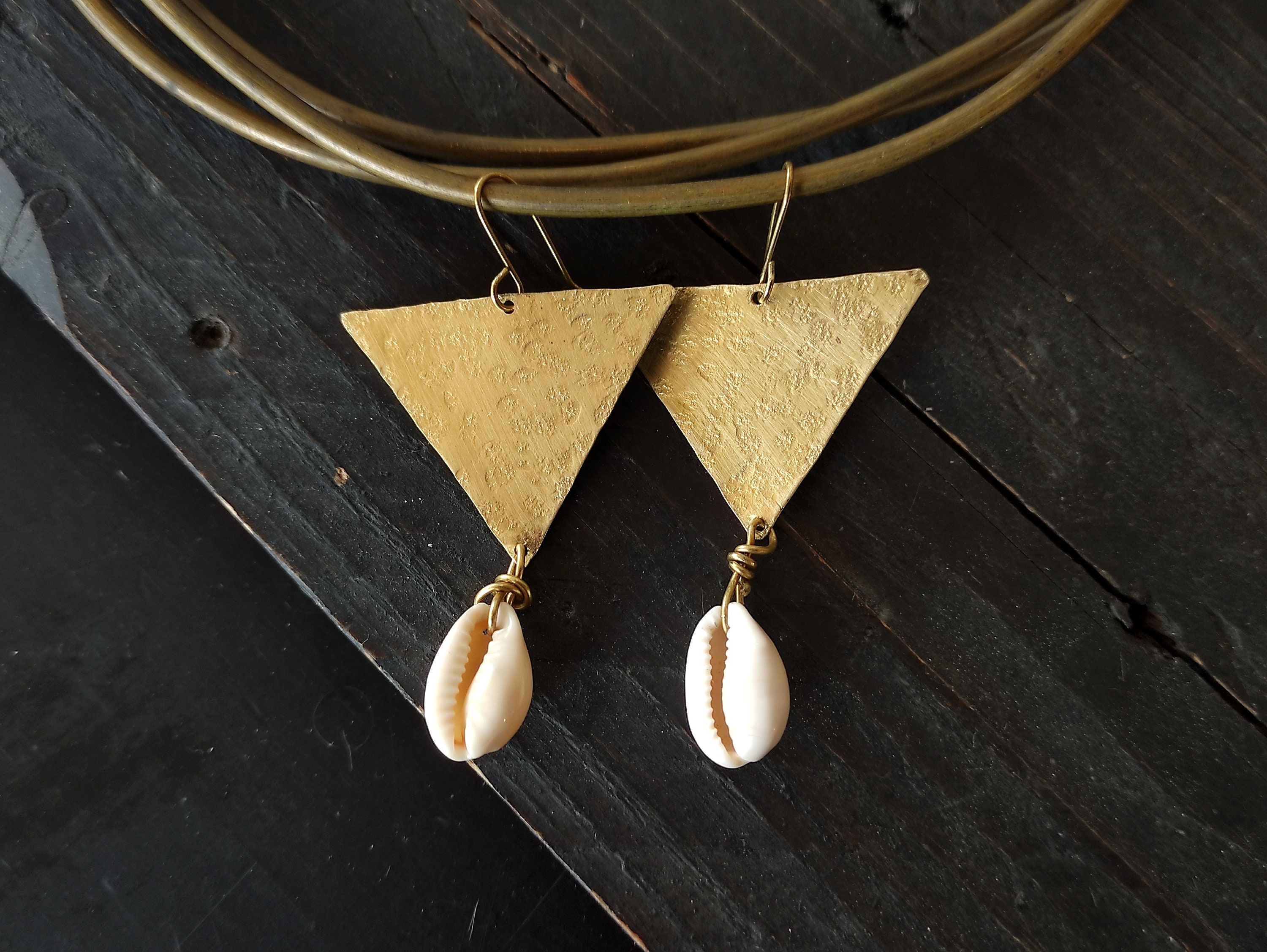 Handmade Hammered Brass Triangle Earrings, Boho Shell Dangle - Etsy