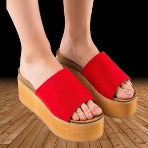 Red Leather Suede Sandals Red Platform Sandals Boho Platform Sandals ...
