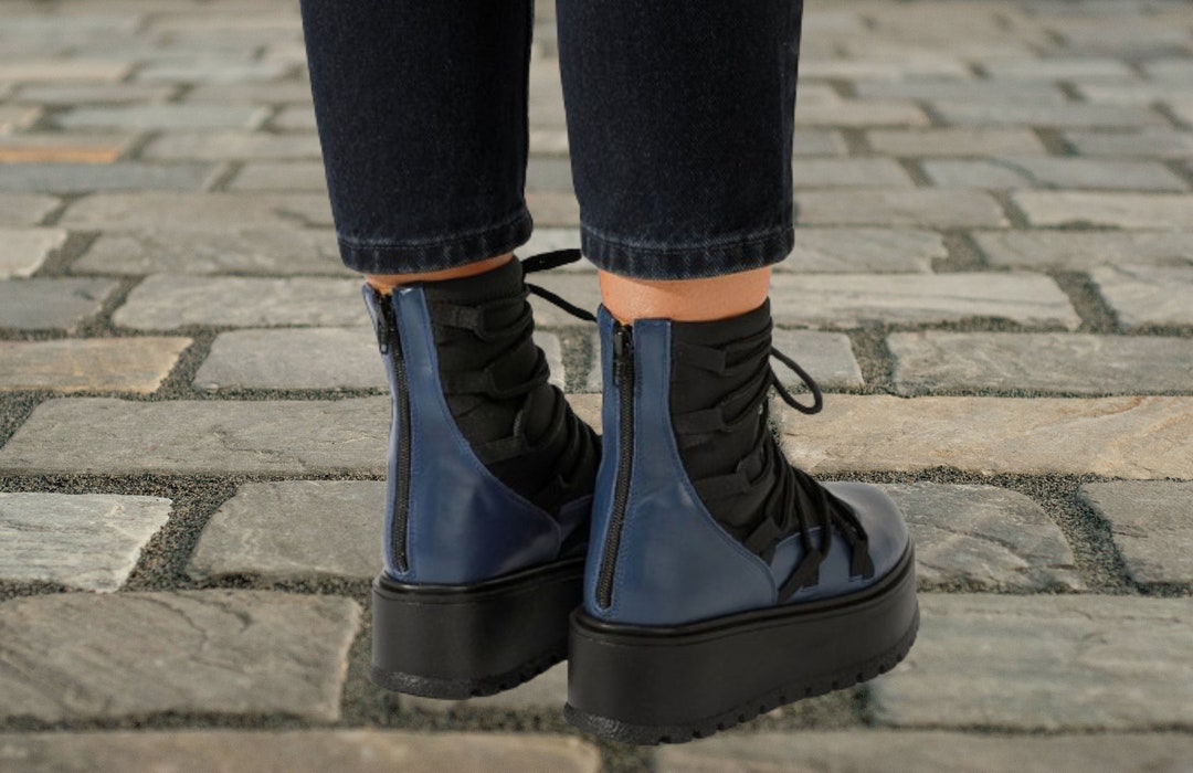 Leather Blue Platform Booties With Cords Blue Leather Booties Modern ...
