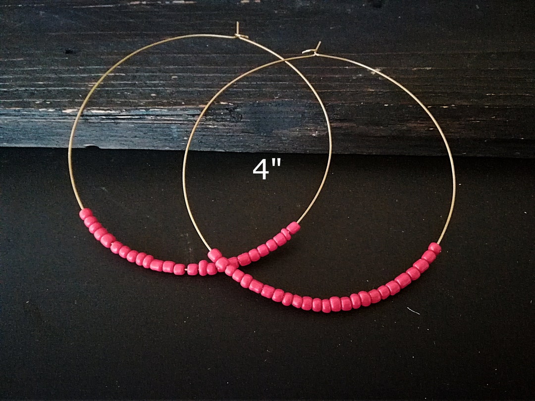 Handmade Oversized Silver Hoops, Red Beaded Hoops, Boho Big Hoops ...