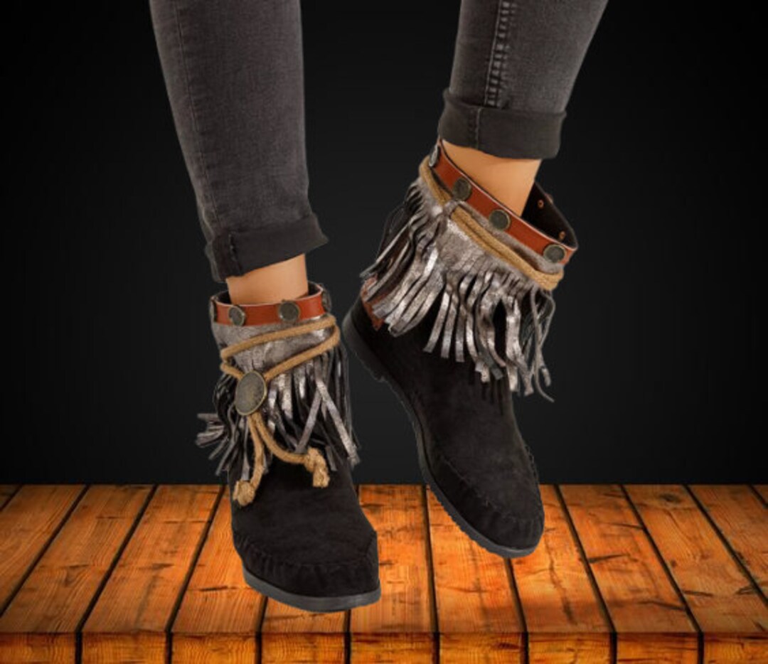 Black Fabric Suede Ankle Boots With Silver Fringes Cowboy Woman Boots ...