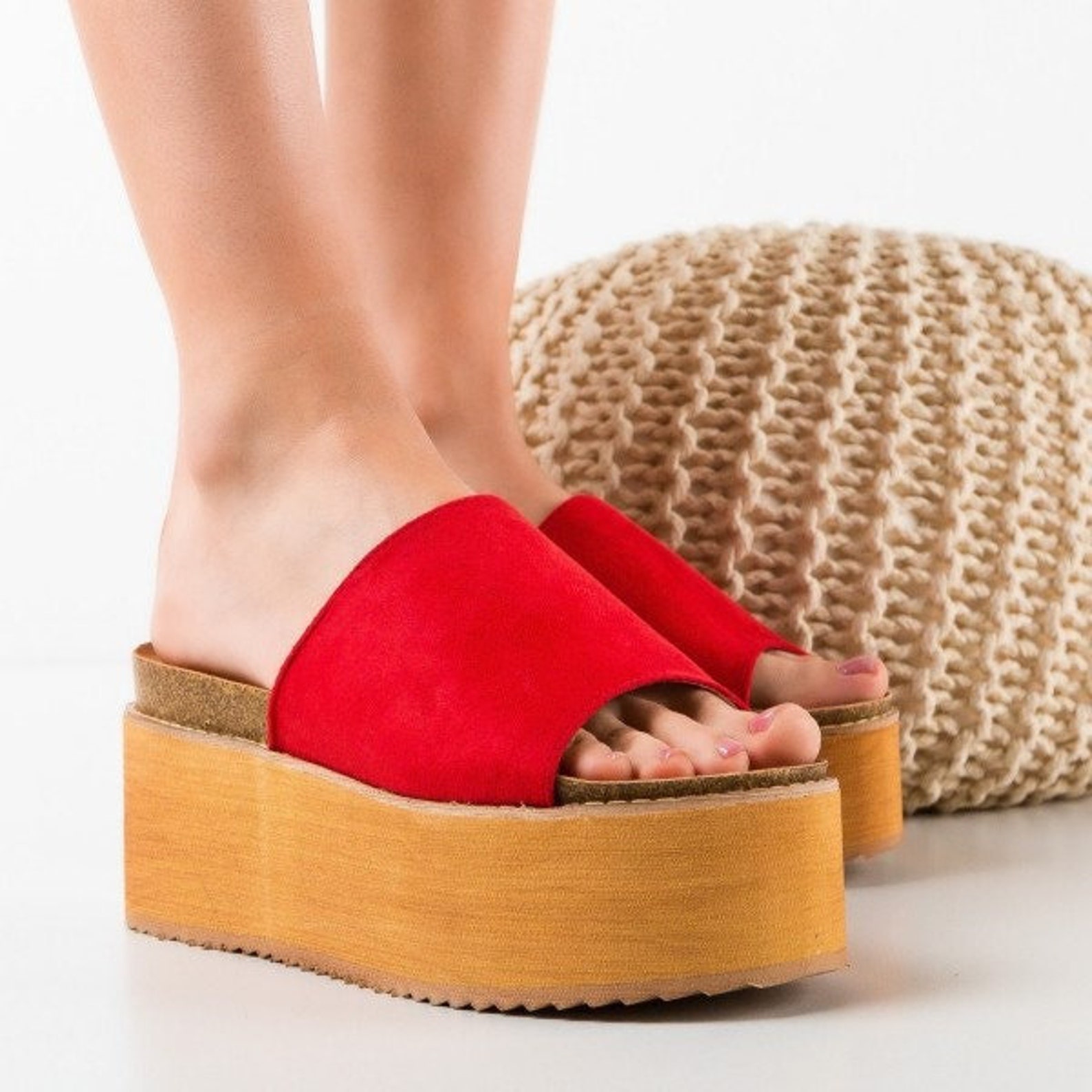 Red Leather Suede Sandals Red Platform Sandals Boho Platform Sandals ...