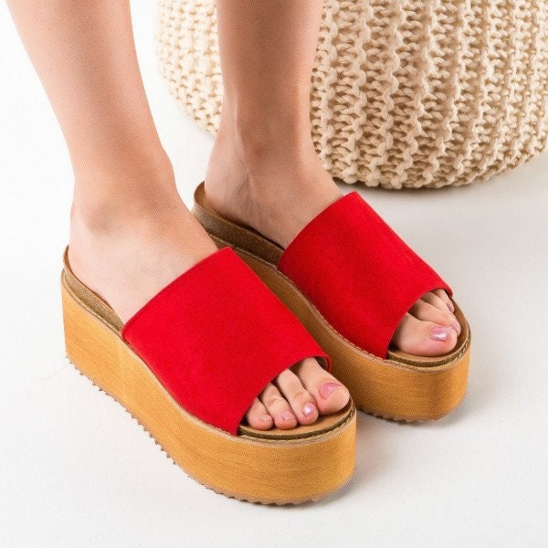 Red Leather Suede Sandals Red Platform Sandals Boho Platform Sandals ...
