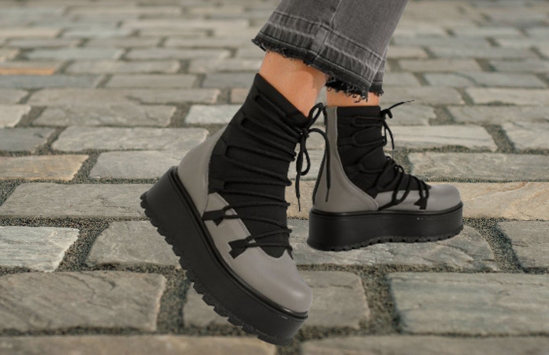 Leather Grey Platform Booties With Cords Grey Leather Booties Modern ...