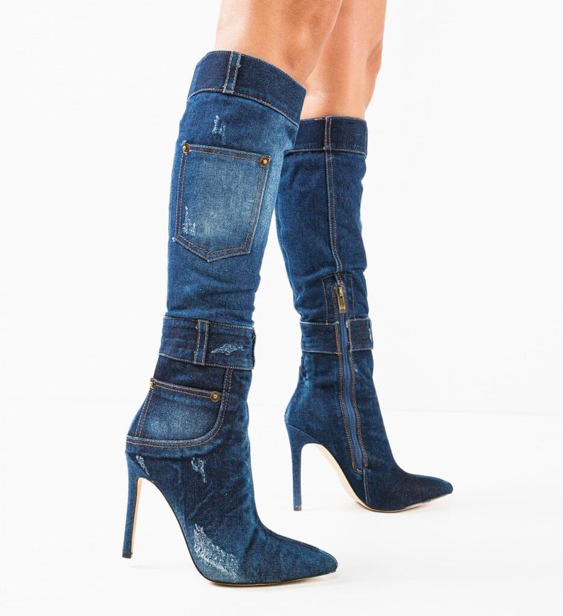 Denim Boots Blue Jean Boots Dark Blue Denim Boots High Heel Jean ...