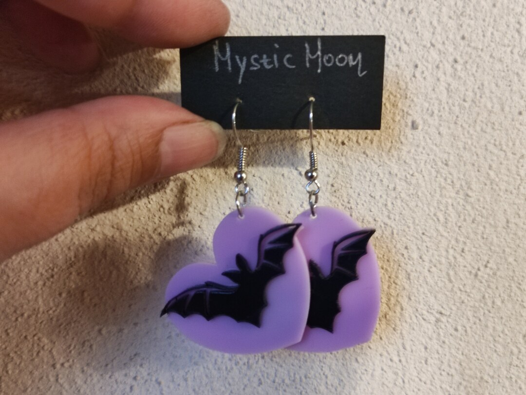 Gothic Bat Heart Earrings Purple Heart Earrings Bat Earrings - Etsy