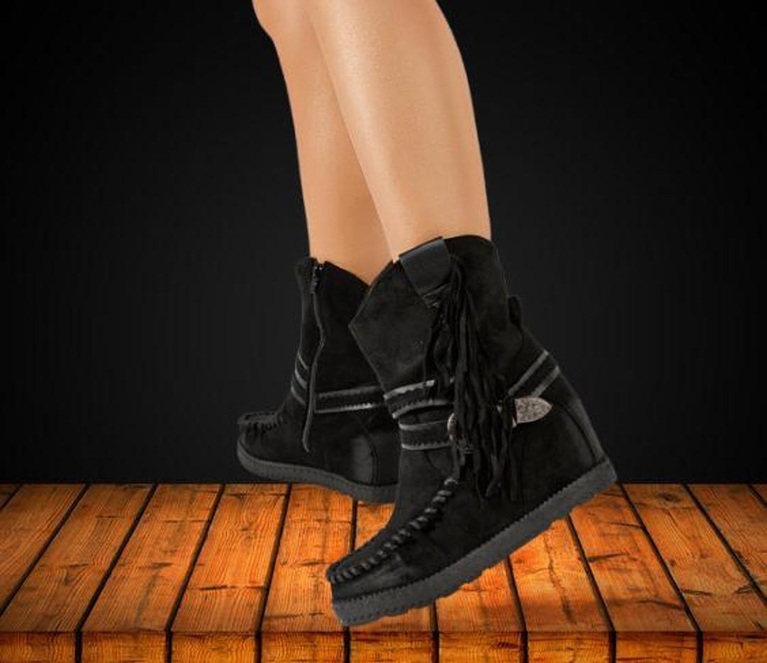 Black Suede Ankle Boots, Indian Black Boots, Fringe Black Boots, Black ...