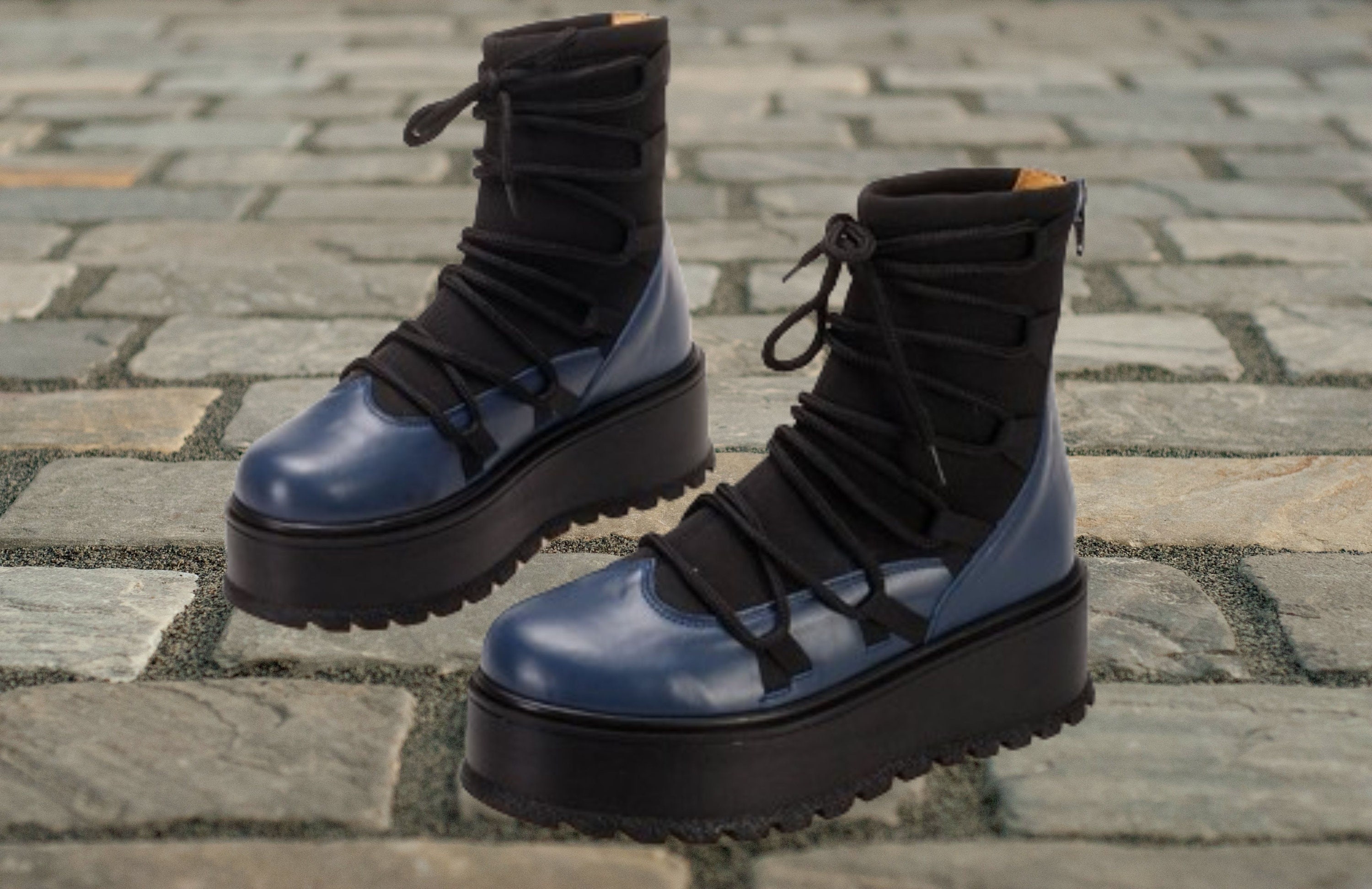 Leather Blue Platform Booties With Cords Blue Leather Booties Modern ...