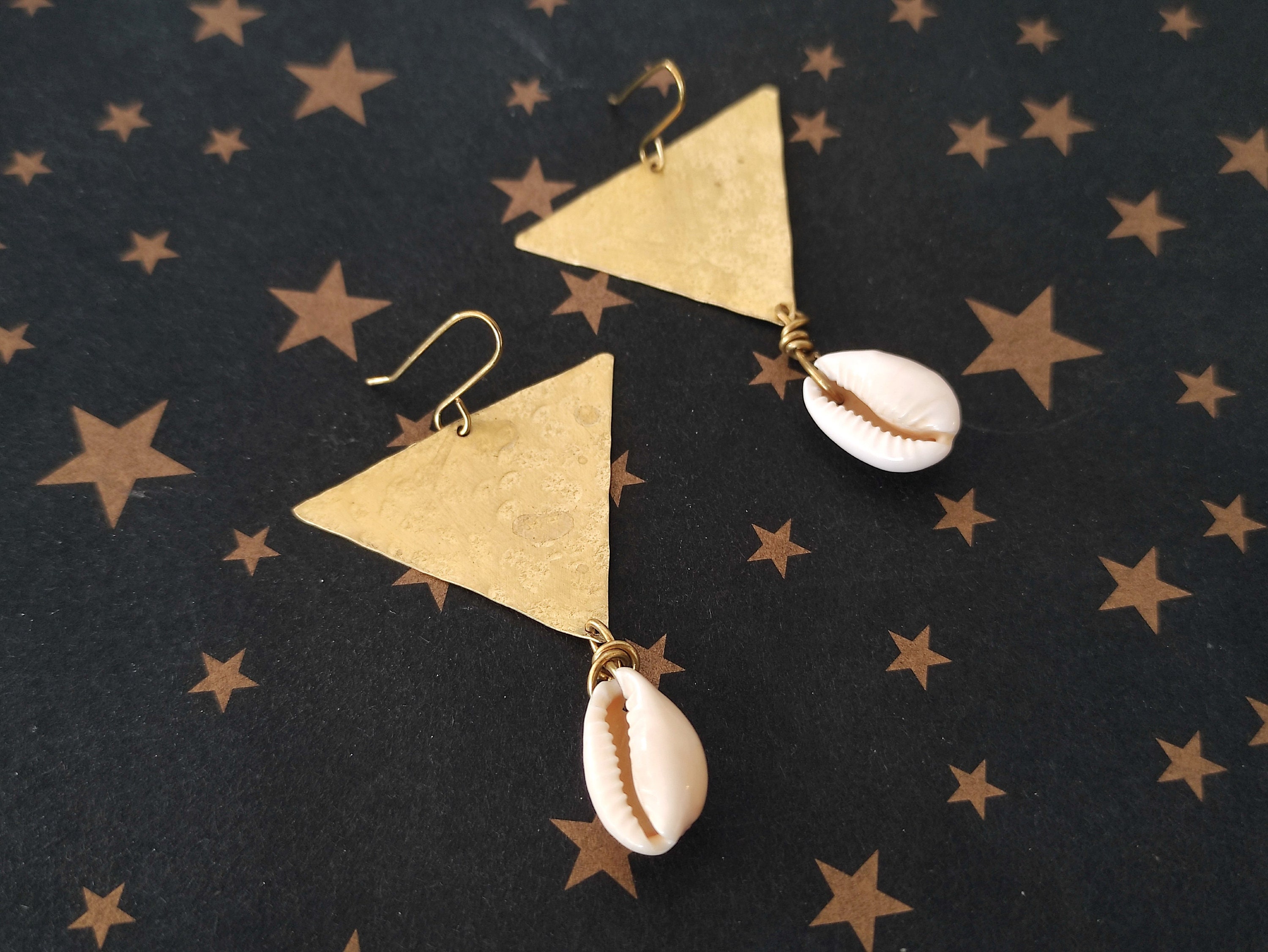 Handmade Hammered Brass Triangle Earrings, Boho Shell Dangle - Etsy