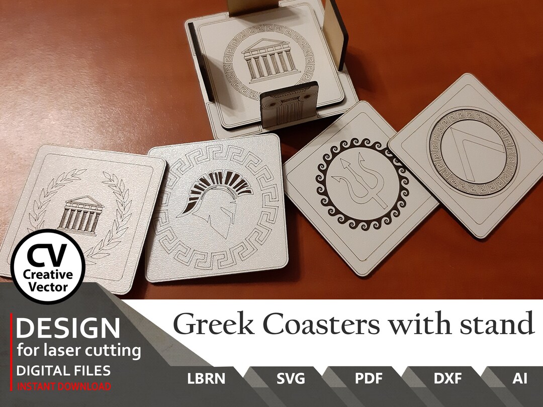 5 Designs of Greek Coasters With Stand | SVG | DXF | Ai | Lightburn ...