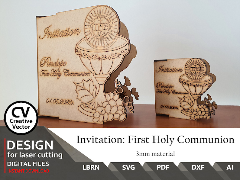 First Holy Communion Invitation Files for Laser Cut (SVG, LBRN, DXF, Ai ...